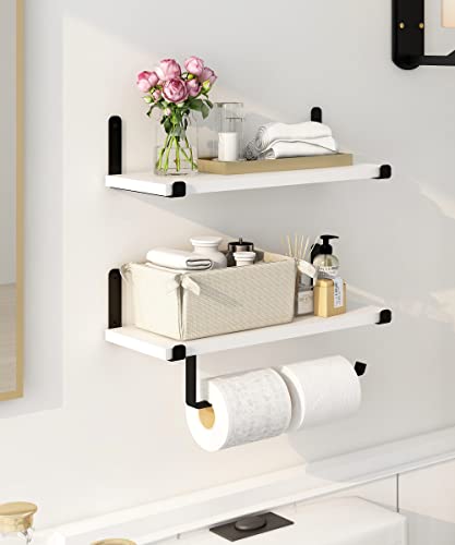 Godimerhea White Floating Shelves with Towel Holder, Modern Wall Mounted Shelf Set of 2, Neutral Wooden Storage for Wall Decorative Hanging Shelf for Bathroom, Kitchen, Living Room