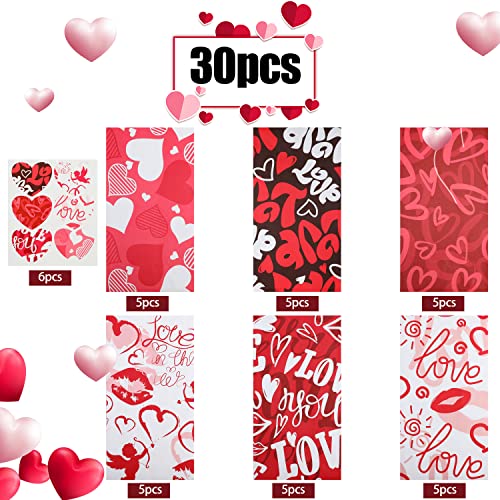 CCINEE 30pcs Valentine's Day Gift Bag Craft Paper Treat Bags Valentines Goodie Candy Bags with 30pcs Stickers for Kids Party Favor Supplies