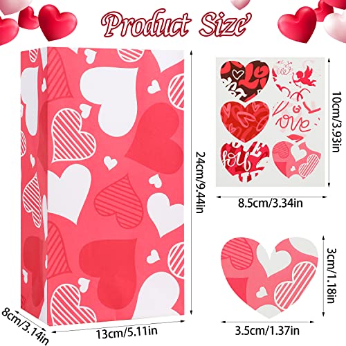 CCINEE 30pcs Valentine's Day Gift Bag Craft Paper Treat Bags Valentines Goodie Candy Bags with 30pcs Stickers for Kids Party Favor Supplies