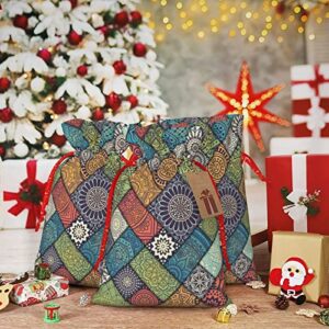 Drawstrings Christmas Gift Bags Diagonal-Floral-Tiles Presents Wrapping Bags Xmas Gift Wrapping Sacks Pouches Medium