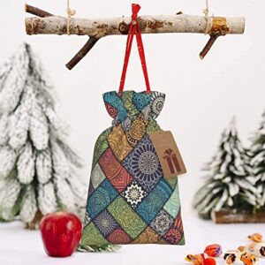 Drawstrings Christmas Gift Bags Diagonal-Floral-Tiles Presents Wrapping Bags Xmas Gift Wrapping Sacks Pouches Medium