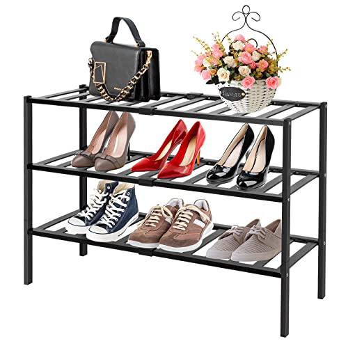 Allinside Bamboo Shoe Rack, 3 Tiers Shoe Storage Organizer, Durable Shoe Shelf Stand for Closet, Entryway, Hallway, Bathroom (Black)