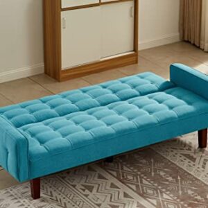 Melpomene Futon Sofa Convertible Couch Bed, Modern Button Tufted Linen Folding Sofa Sleeper with Wood Legs for Living Room Bedroom,Blue