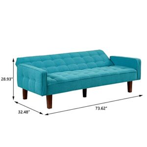 Melpomene Futon Sofa Convertible Couch Bed, Modern Button Tufted Linen Folding Sofa Sleeper with Wood Legs for Living Room Bedroom,Blue