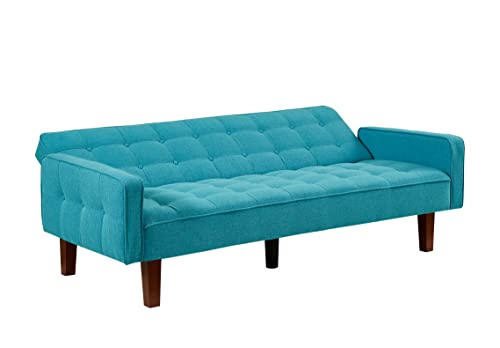 Melpomene Futon Sofa Convertible Couch Bed, Modern Button Tufted Linen Folding Sofa Sleeper with Wood Legs for Living Room Bedroom,Blue