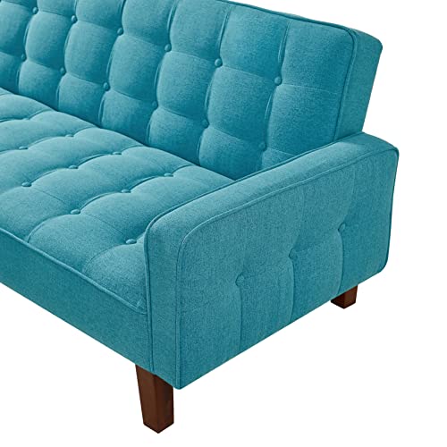 Melpomene Futon Sofa Convertible Couch Bed, Modern Button Tufted Linen Folding Sofa Sleeper with Wood Legs for Living Room Bedroom,Blue