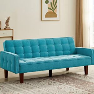 Melpomene Futon Sofa Convertible Couch Bed, Modern Button Tufted Linen Folding Sofa Sleeper with Wood Legs for Living Room Bedroom,Blue