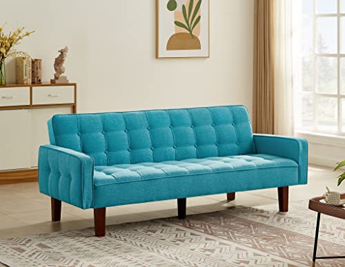 Melpomene Futon Sofa Convertible Couch Bed, Modern Button Tufted Linen Folding Sofa Sleeper with Wood Legs for Living Room Bedroom,Blue