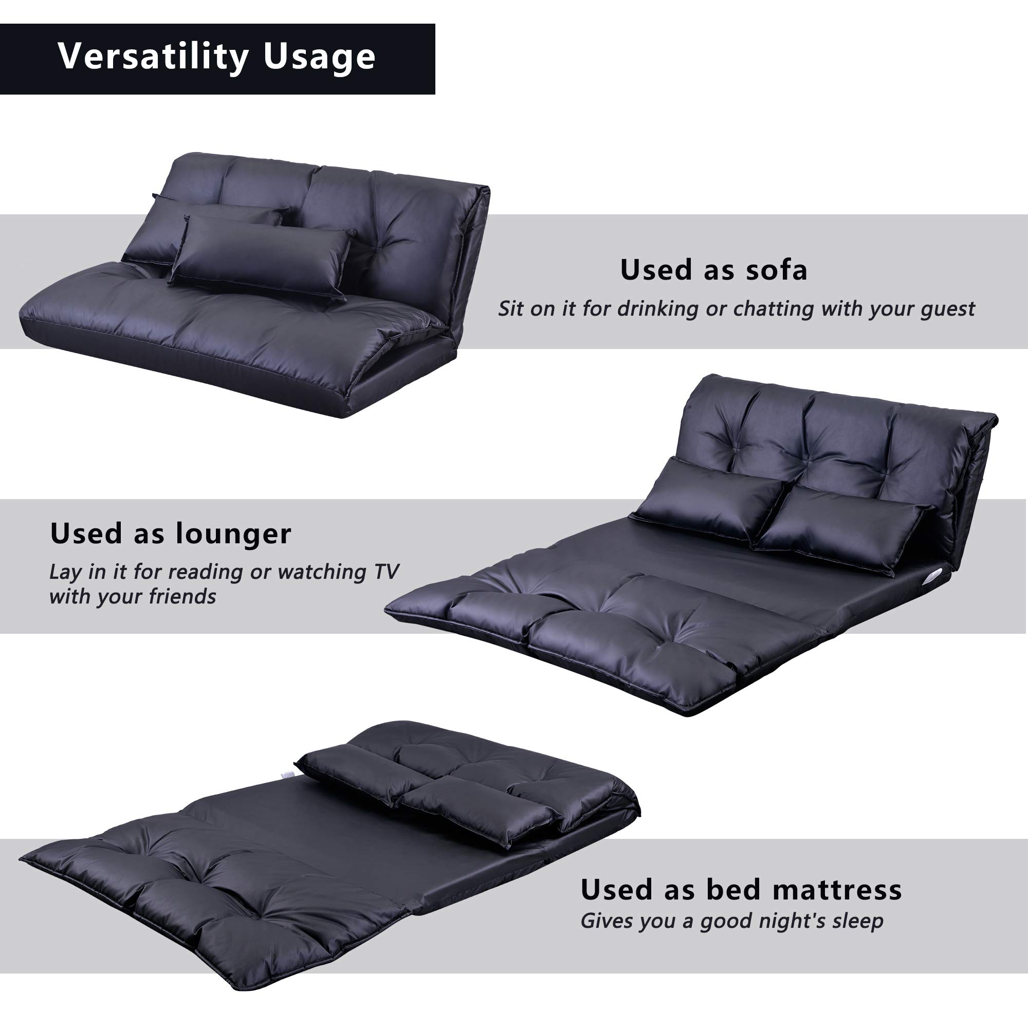 Angel Sar Adjustable Floor Sofa Bed, PU Futon Lazy Sofa, Folding Couch, Gaming Sofa with 2 Pillows for Living Room, Bedroom, Black