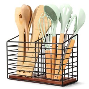 thygiftree kitchen utensil holder for counter large black metal cooking utensil organizer for countertop utensil crock with wooden base spatula holder modern farmhouse utensil caddy