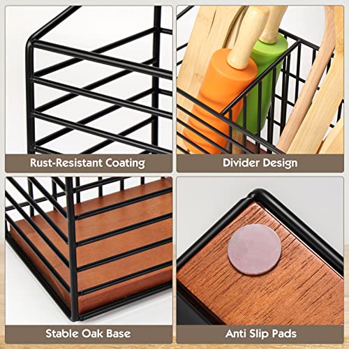 THYGIFTREE Kitchen Utensil Holder for Counter Large Black Metal Cooking Utensil Organizer for Countertop Utensil Crock with Wooden Base Spatula Holder Modern Farmhouse Utensil Caddy