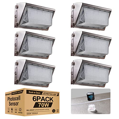 bulbeats 6 Pack 70W LED Wall Pack Lights with Dusk to Dawn Photocell, 5000K Daylight IP65 Waterproof Wall Mount Outdoor Security Lighting Fixture for Garage, Energy Saving Upto 2600KW*6/5Yrs(5Hrs/Day)