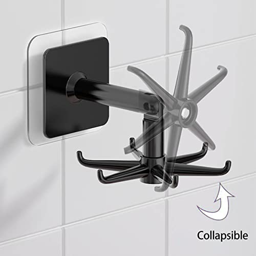 SIXGOD 2Pcs 360°Rotating Folding Hook Multi-Purpose 180 Degrees Vertical Flip Hook Waterproof Self-Adhesive Folding Hook for Bathroom, Kitchen and Home（Black）