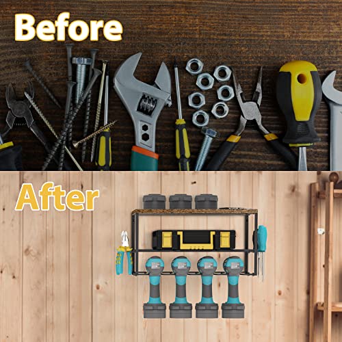 LIANTRAL Power Tool Organizer Wall Mount, Set of 2 Power Tool Rack Floating Tool Shelf for Electric Cordless Drill Heavy Duty Tool Holder with Wood Storage Board