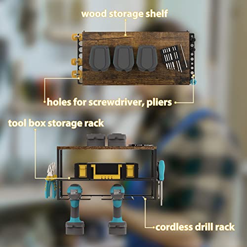 LIANTRAL Power Tool Organizer Wall Mount, Set of 2 Power Tool Rack Floating Tool Shelf for Electric Cordless Drill Heavy Duty Tool Holder with Wood Storage Board