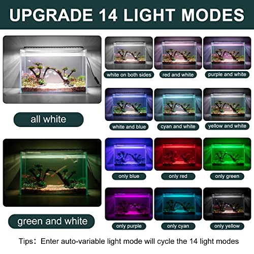 AQQA Aquarium Light with 14 Fish Tank Light Modes Adjustable Brightness Timer 15W LED Aquarium Light for Plants， Aluminum Alloy Shell Extendable Brackets Fit for 12-20 Inch Fish Tank