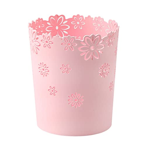 CurcKua Plastic Trash Can Hollow Flower Wastepaper Basket Round Lidless Garbage Container Bin Pink