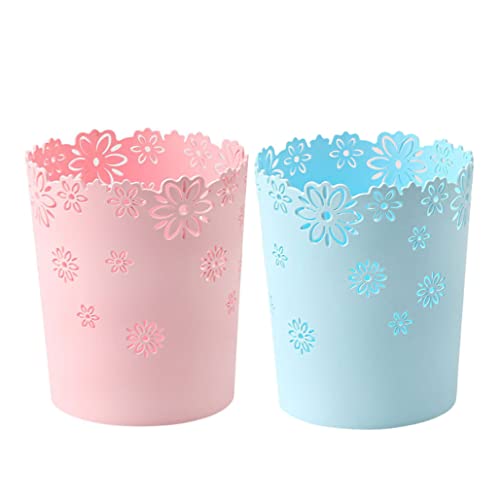 CurcKua Plastic Trash Can Hollow Flower Wastepaper Basket Round Lidless Garbage Container Bin Pink