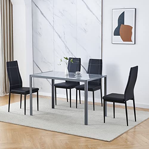 BELIFEGLORY Modern 5 Pieces Black Dining Table with Chairs for 4 People Glass Tempered Dining Table and Kitchen Chairs Set of 4 Checker Pattern Faux Leather for Small Apartment Home