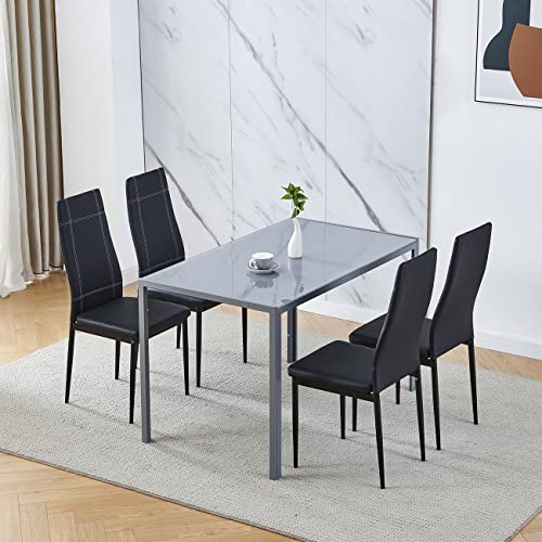 BELIFEGLORY Modern 5 Pieces Black Dining Table with Chairs for 4 People Glass Tempered Dining Table and Kitchen Chairs Set of 4 Checker Pattern Faux Leather for Small Apartment Home