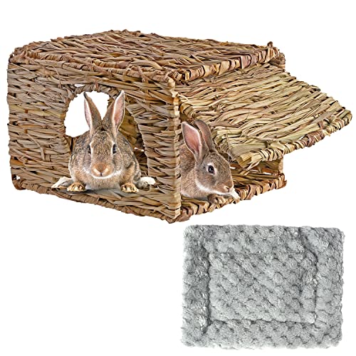 Abnaok Extra Large Grass House for Rabbits with Cotton Pads, Natural Grass Foldable Hut Small Animal Play Hideaway Bed Toys Hay Mat for Bunny Guinea Pig Chinchilla Ferret