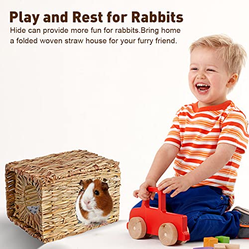 Abnaok Extra Large Grass House for Rabbits with Cotton Pads, Natural Grass Foldable Hut Small Animal Play Hideaway Bed Toys Hay Mat for Bunny Guinea Pig Chinchilla Ferret