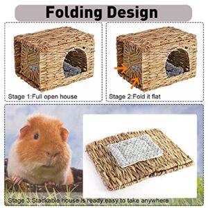 Abnaok Extra Large Grass House for Rabbits with Cotton Pads, Natural Grass Foldable Hut Small Animal Play Hideaway Bed Toys Hay Mat for Bunny Guinea Pig Chinchilla Ferret