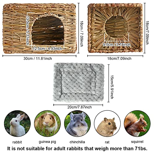 Abnaok Extra Large Grass House for Rabbits with Cotton Pads, Natural Grass Foldable Hut Small Animal Play Hideaway Bed Toys Hay Mat for Bunny Guinea Pig Chinchilla Ferret