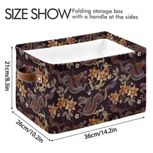 ALAZA Dragon Flower Retro Japanese Large Storage Basket with Handles Foldable Decorative 1 Pack Storage Bin Box for Organizing Living Room Shelves Office Closet Clothes