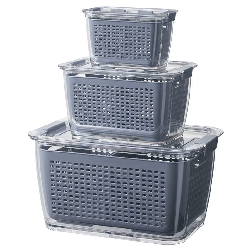 Momo's House 3 Piece Double Drain Basket Containers for Vegetable Fruit Storage Set - BPA-free Draining Crisper with Colander, Fridge Organizers, Storing Fruits Vegetables Meat Fresh Fish