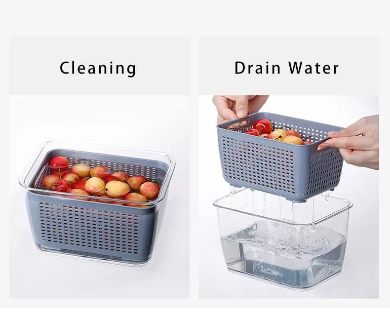 Momo's House 3 Piece Double Drain Basket Containers for Vegetable Fruit Storage Set - BPA-free Draining Crisper with Colander, Fridge Organizers, Storing Fruits Vegetables Meat Fresh Fish