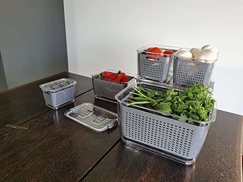 Momo's House 3 Piece Double Drain Basket Containers for Vegetable Fruit Storage Set - BPA-free Draining Crisper with Colander, Fridge Organizers, Storing Fruits Vegetables Meat Fresh Fish