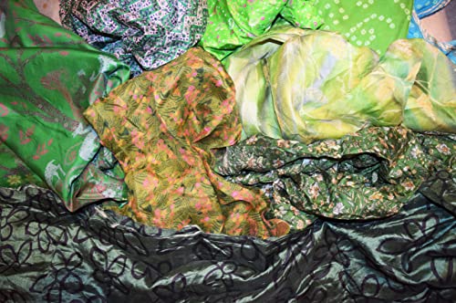 40 Qty 10"X10" Lot 100% Pure Silk Print Vintage Sari Fabric Remnants, Scrap Bundle, Precut Fabric Squares for Craft Patchwork (Green-Aqua-Teal Shades)