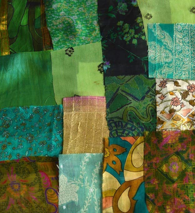 40 Qty 10"X10" Lot 100% Pure Silk Print Vintage Sari Fabric Remnants, Scrap Bundle, Precut Fabric Squares for Craft Patchwork (Green-Aqua-Teal Shades)