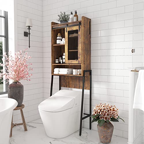 Walmokid Bathroom Storage Cabinet Over Toilet w/Adjustable Shelf & Sliding Door, 5-Tier Over The Toilet Storage Rack Anti-tilt Bathroom Organizer Over Toilet,Rustic Brown