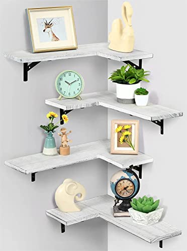 SEHERTIWY Corner Floating Shelves Wall Mounted Set of 4, Rustic Wood Wall Storage Shelves for Bedroom, Living Room, Bathroom (Rustic White)