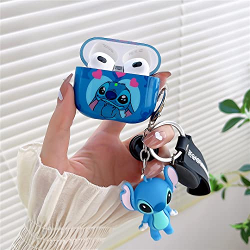 Cute Stitch AirPod 3nd Generation Case, AirPod 3 Personalise Custom, Airpod 3 Case Cover with Keychain/Lanyard, Protective Hard Case Cover Skin for Women Girls Airpod 3 Case [Front LED Visible]