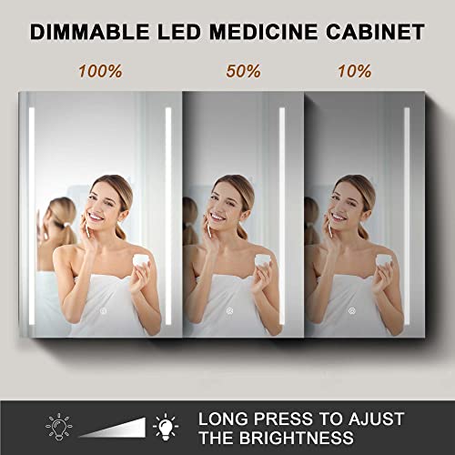 OgonbrickMedicine Cabinets 60 X 30 LED Lighted Bathroom Medicine Cabinet Four Doors Surface Wall Mounted with Anti-fogger 3 Color Lights Dimmable Brightness Big Modern Medicine Cabinet Black