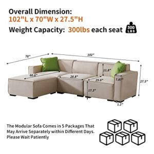 Dolonm L Shape Sectional Sofa for Living Room, Convertible Modular Sectional Couch with Reversible Chaise, 102 Inches Long Modern Linen Luxury Couch with Two Pillows (Beige, L Shape Sofa)