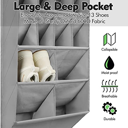 Felibeaco Over the Door Shoe Organizer, Hanging Shoe Organizer with 16 Large Deep Pockets, Sturdy Oxford 600D Fabric Door Shoes hanger rack for closet,Dorm, Narrow Door, Gray