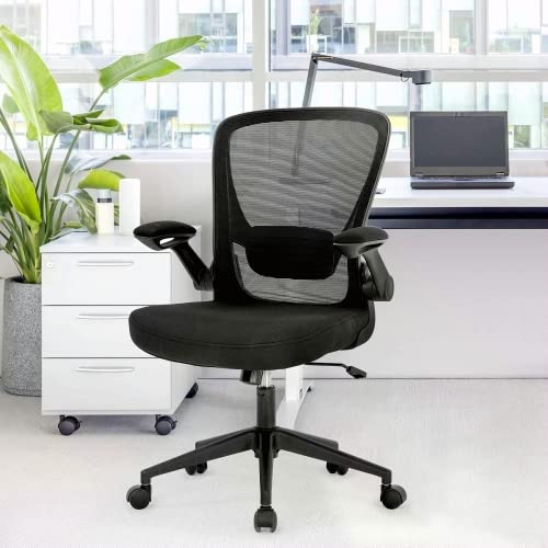 Ergonomic Office Chair Small Mesh Comfortable Computer Comfy Swivel Rolling Executive Task with Lumbar Support Wheels and Arms Mid Back Adjustable Adults for Bedroom Desk Black