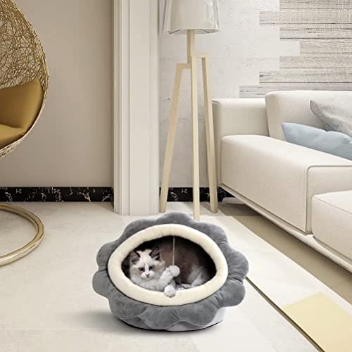 Cat Beds for Indoor Cats - Small Cat Bed with Anti-Slip Bottom, Sunflower-Shaped Cat/Dog Cave with Hanging Toy, Puppy Bed with Removable Cotton Pad, Super Soft Calming, Multiple Sizes(Grey L)