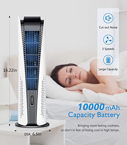 CONBOLA Desk Fan for Bedroom with Cold Air for Home, 16" Battery Operated Bladeless Rechargeable Fan, 10000mAh Small Tower Fan, Quiet Oscillating Portable Fan with 3 Speeds Timer LED Light, Office