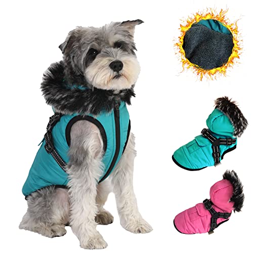 AIMYDOG Dog Winter Hoodie, Warm Cozy Dog Coat with Pockets, Waterproof Windproof Harness Dog Jacket, Thick Polar Fleece Pet Vest, Reflective & Adjustable Blue Dog Apparel for Small Medium Dogs & Cats