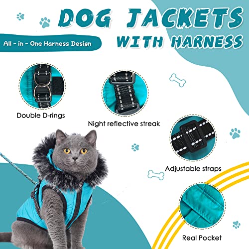 AIMYDOG Dog Winter Hoodie, Warm Cozy Dog Coat with Pockets, Waterproof Windproof Harness Dog Jacket, Thick Polar Fleece Pet Vest, Reflective & Adjustable Blue Dog Apparel for Small Medium Dogs & Cats