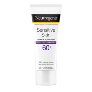 neutrogena sensitive skin mineral sunscreen lotion with broad spectrum spf 60+ & zinc oxide, water-resistant, hypoallergenic, fragrance- & oil-free gentle sunscreen formula, 3 fl. oz