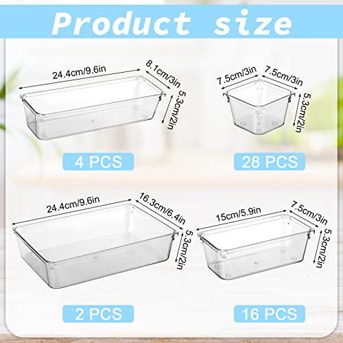 50 Pieces Clear Plastic Drawer Organizers Set 4 Sizes Vanity Drawer Organizer Trays Plastic Storage Bins for Makeup Clear Trays for Organizing Desk Bathroom Kitchen Office Jewelries Gadgets Stationery