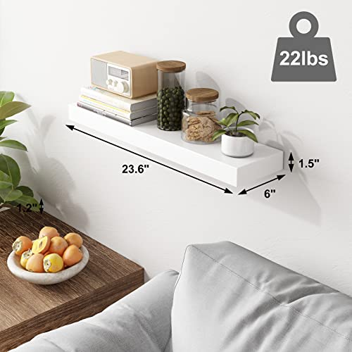 Fixwal White Floating Shelves, Set of 2 Wall Shelves, Large 23.6in x 6in Wall Mounted Shelf for Bedroom, Living Room, Bathroom and Plants