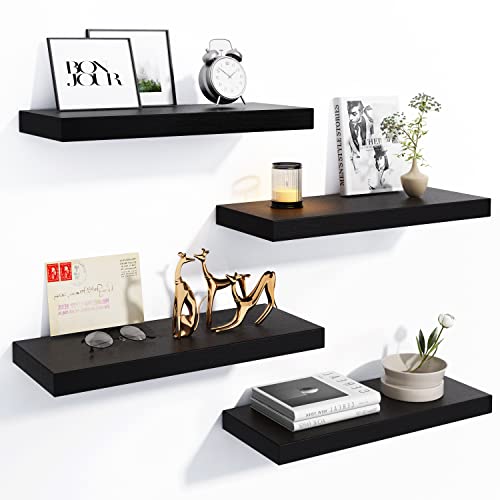 Fixwal Floating Shelves, Set of 4 Black Wood Shelves, Wall Mounted Shelf for Brick Wall, Bedroom, Living Room, Bathroom and Plants