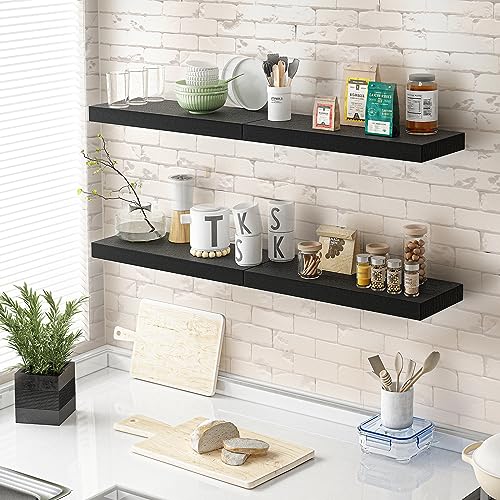 Fixwal Floating Shelves, Set of 4 Black Wood Shelves, Wall Mounted Shelf for Brick Wall, Bedroom, Living Room, Bathroom and Plants